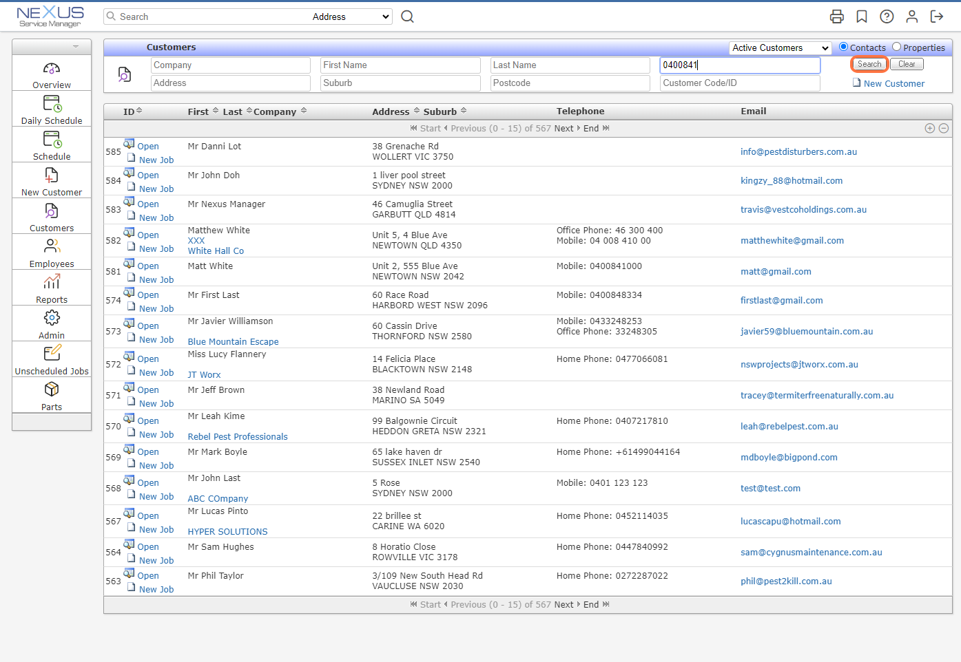 Nexus Service Manager Help Documentation - Search Customers