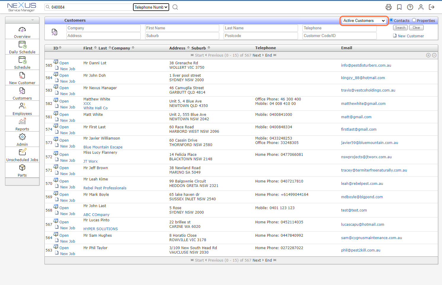 Nexus Service Manager Help Documentation - Search Customers