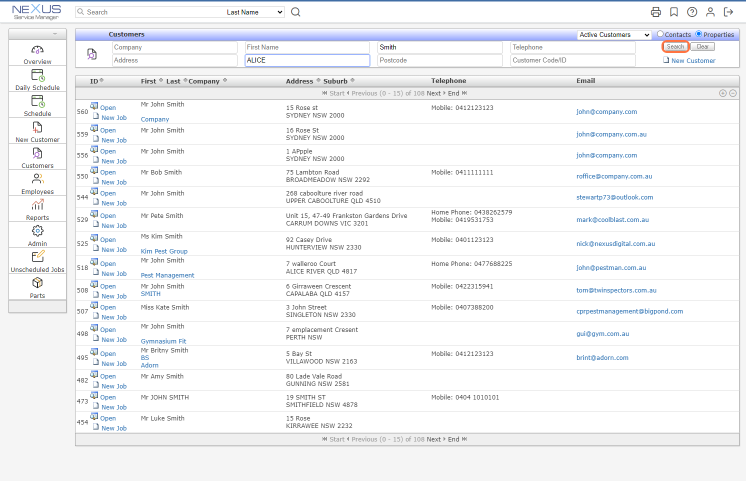Nexus Service Manager Help Documentation - Search Customers