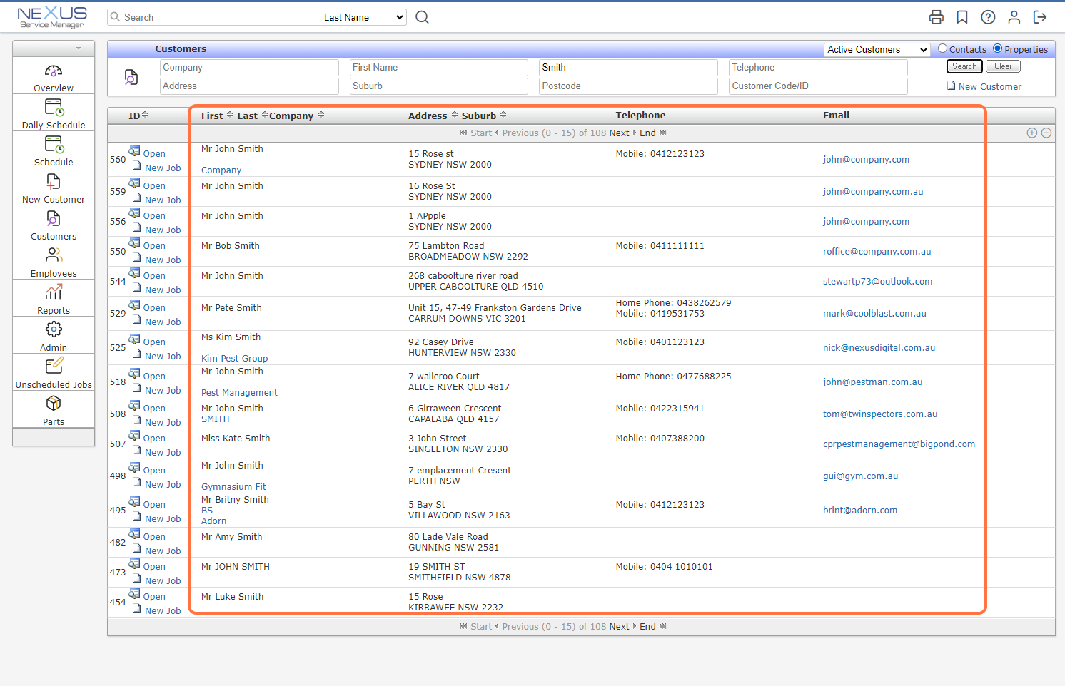 Nexus Service Manager Help Documentation - Search Customers
