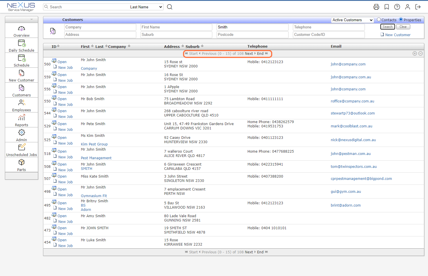 Nexus Service Manager Help Documentation - Search Customers