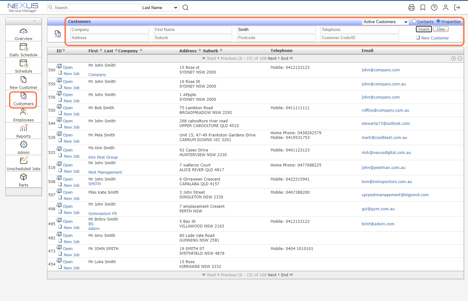 Nexus Service Manager Help Documentation - Search Customers