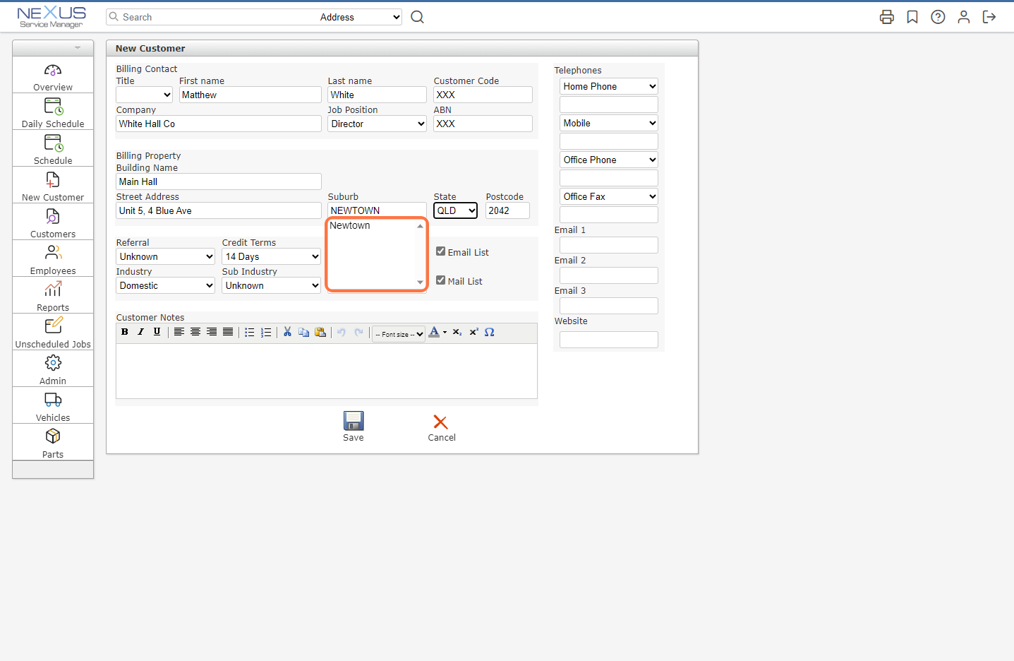 Nexus Service Manager Help Documentation - How to add a New Customer