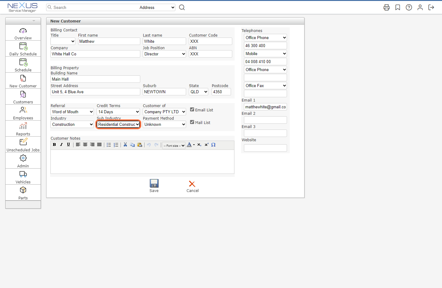 Nexus Service Manager Help Documentation - How to add a New Customer